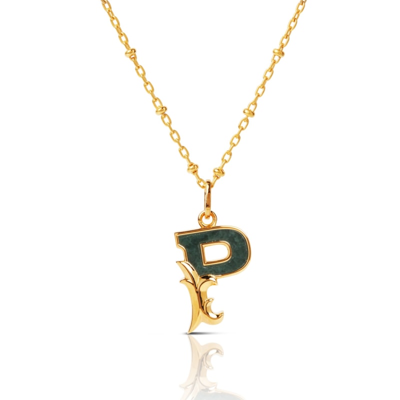 Gold Plated P Initial Necklace With Green Marble | Kasun | Wolf & Badger