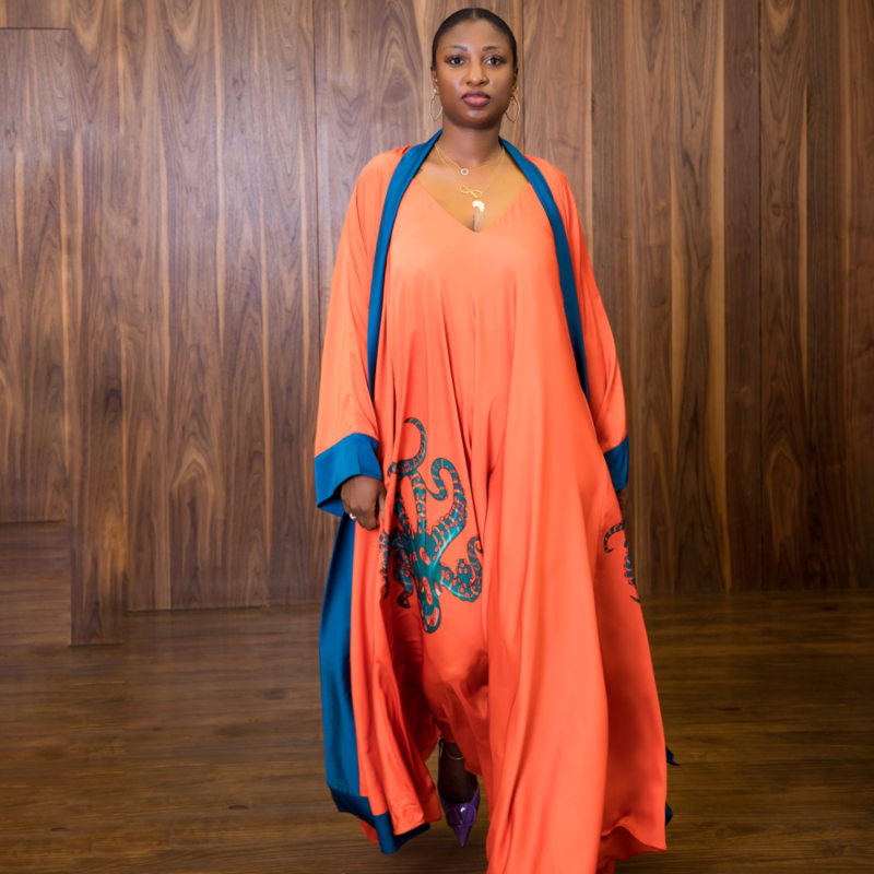 Fire Orange Octopus Print Satin Bias Cut Maxi Dress With Spaghetti ...