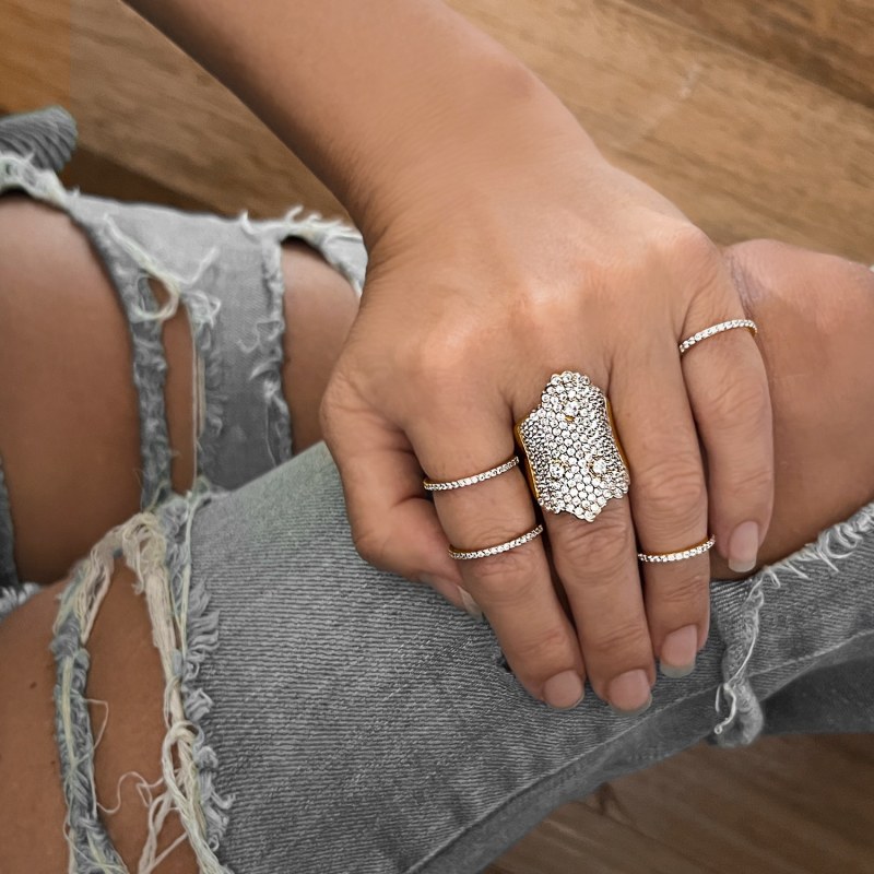 Layer Ring With Man Made CZ Diamond Stimulant In Sterling Silver & 18K ...