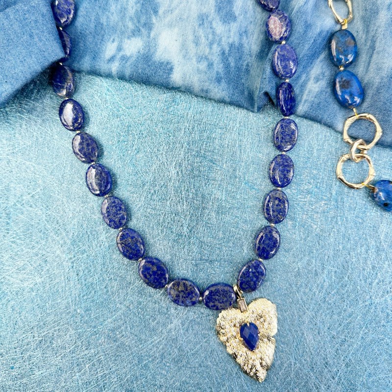 Oval Lapis With Heart Charm Short Necklace | Farra | Wolf & Badger