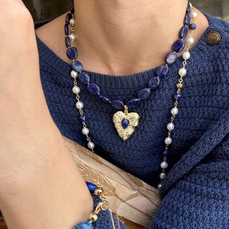 Oval Lapis With Heart Charm Short Necklace | Farra | Wolf & Badger
