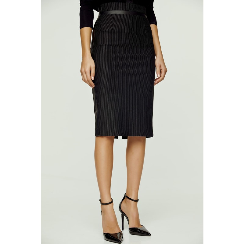 High Waisted Black Pencil Skirt With Leather Detail | Conquista | Wolf & Badger