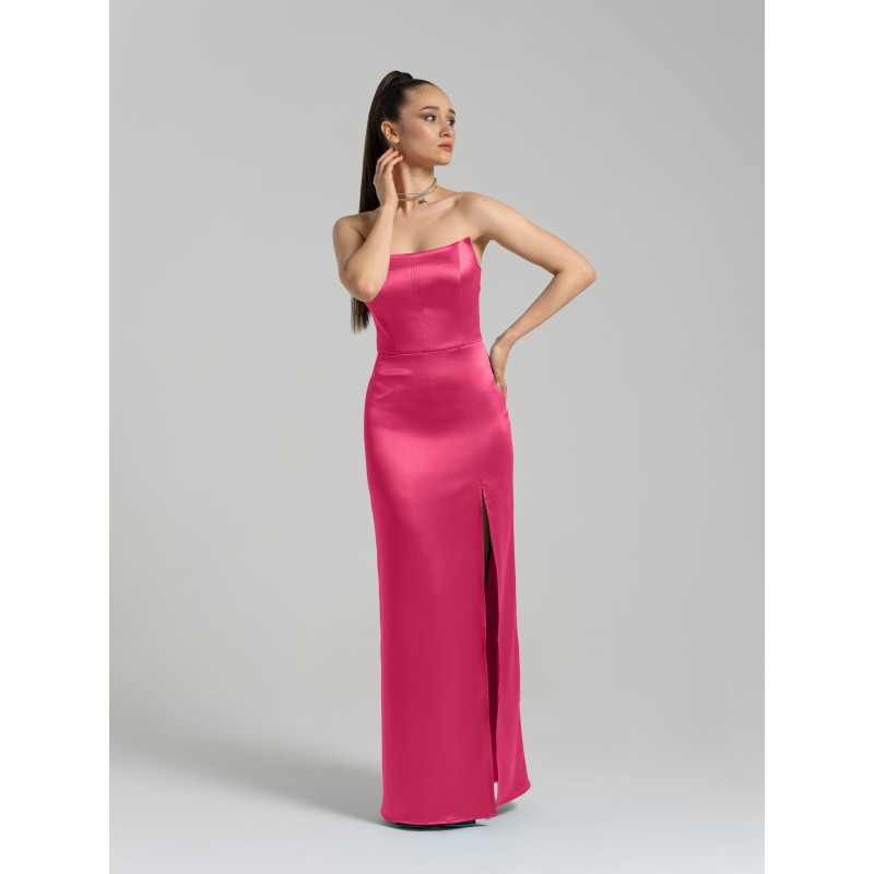 Queen Of Hearts Satin Maxi Dress, Hot Pink | Tia Dorraine | Wolf & Badger