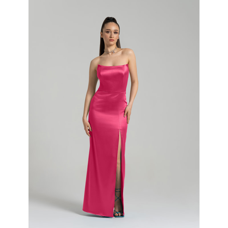 Queen Of Hearts Satin Maxi Dress, Hot Pink | Tia Dorraine | Wolf & Badger