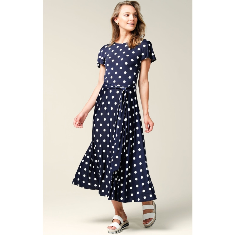 Reverse Wrap Midi Dress In Navy Spot | SACHA DRAKE | Wolf & Badger