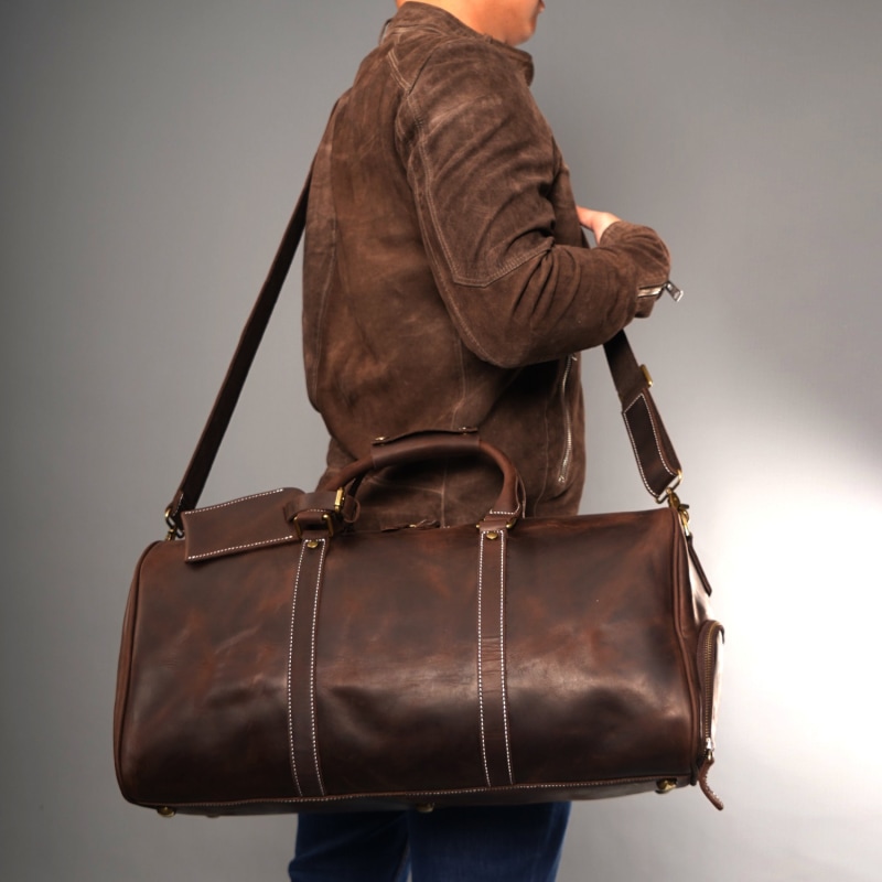 Leather Over Night Bag With Shoe Storage - Dark Brown | Touri | Wolf ...