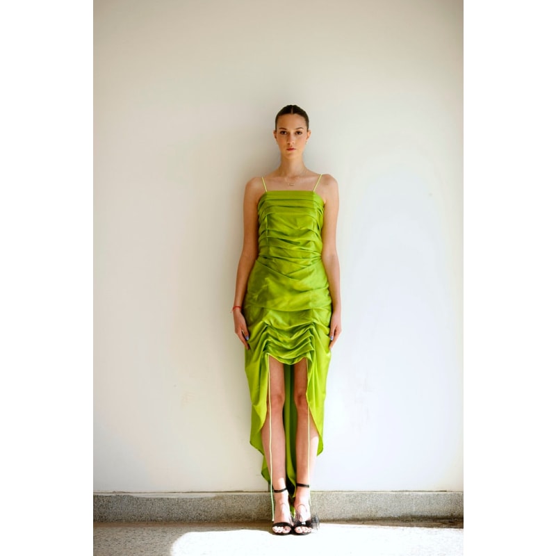 Silk Ruched Bungee Dress - Green | Formula S7 | Wolf & Badger