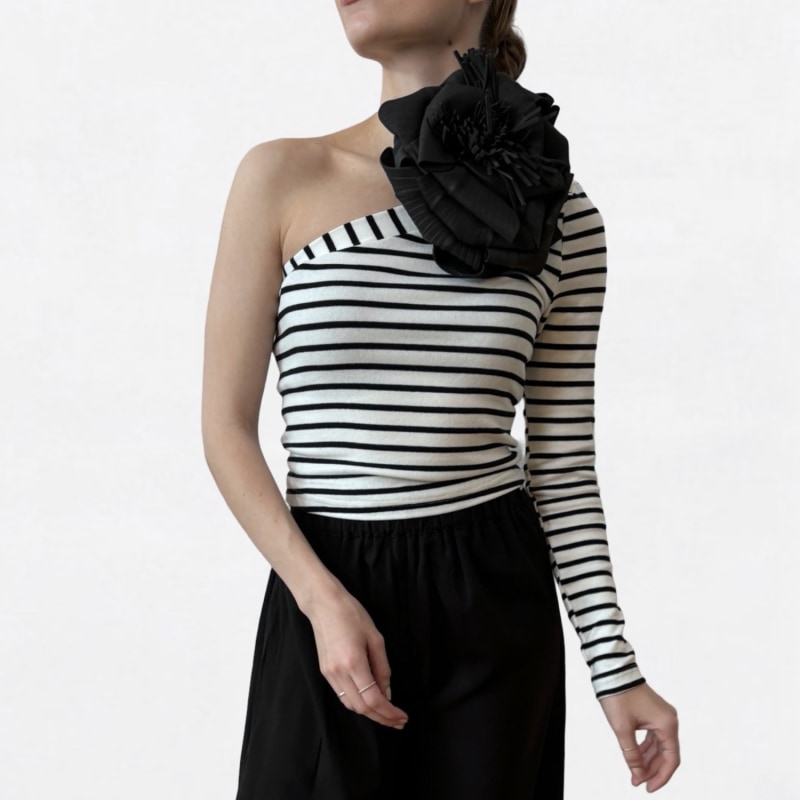 Striped One Sleeve Top With Black Flower Pin | London Atelier Byproduct ...