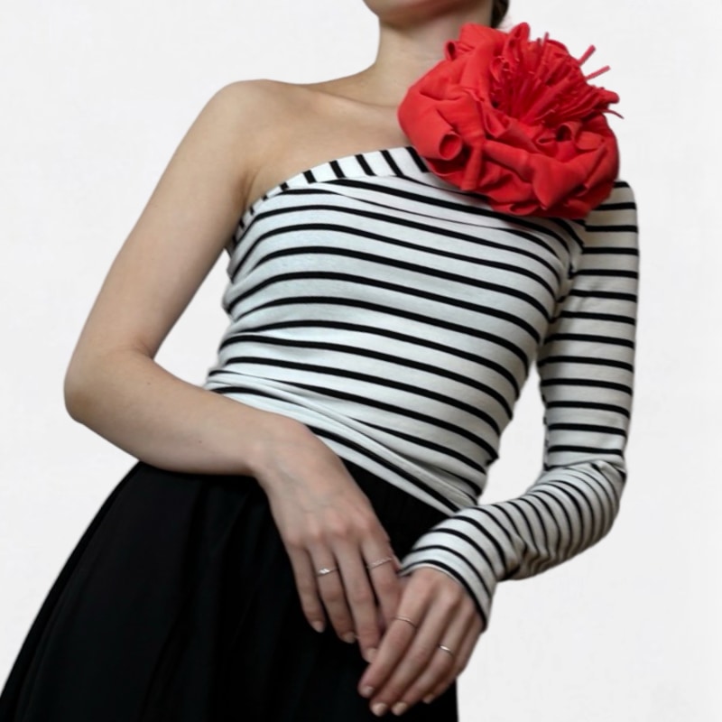 Striped One Sleeve Top With Red Flower Pin | London Atelier Byproduct ...