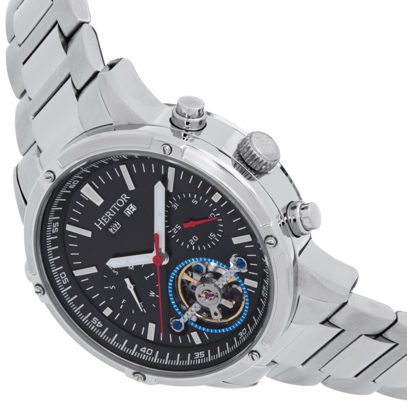Wilhelm Semi-Skeleton Bracelet Watch with Day and Date - Black, Silver ...
