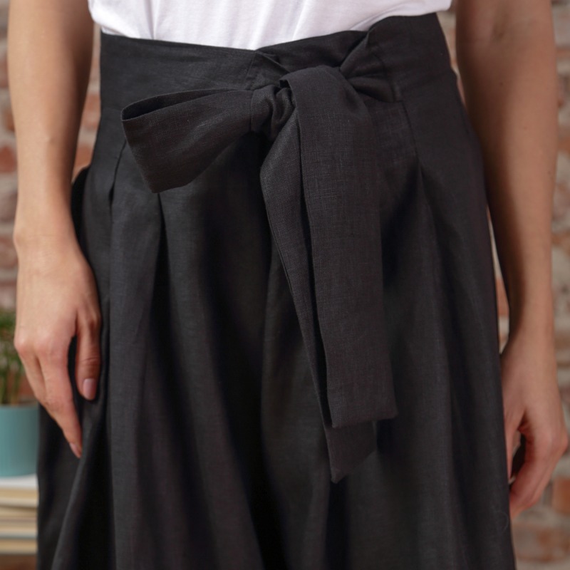 Wrap Around Wide Leg Linen Pants With Front Tie In Black | Nikka Place ...