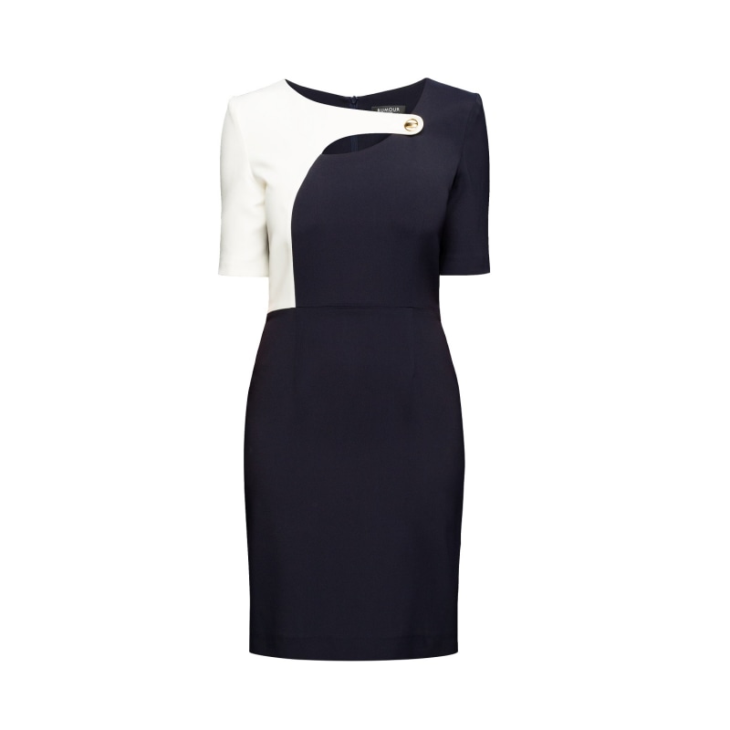 Francesca Midnight Blue Dress With Keyhole Tab Neckline And Cream Silk ...