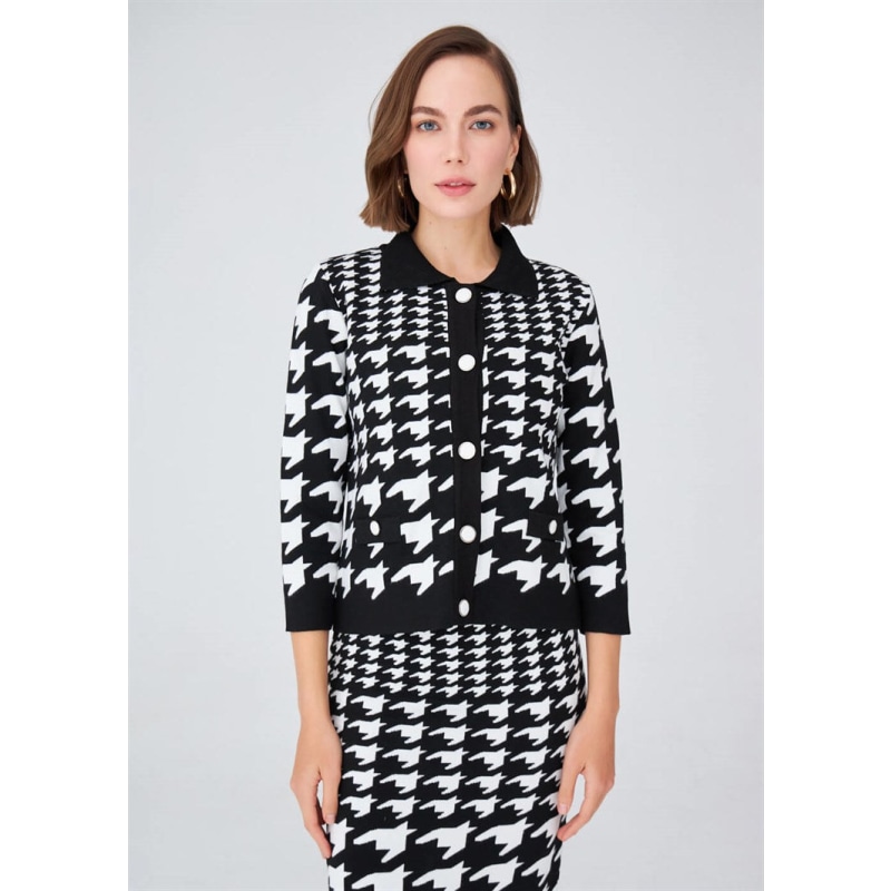 Houndstooth Patterned Knitwear Short Jacket - Black/Ecru | Peraluna ...