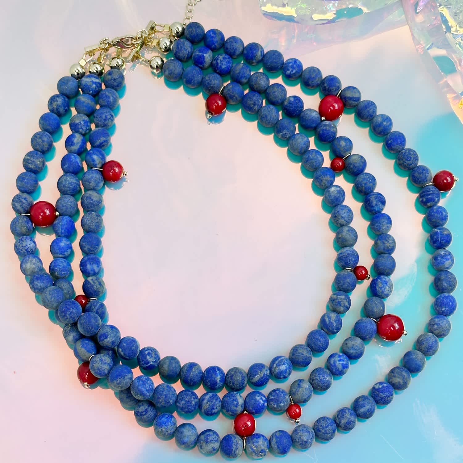 Multi Layers Matte Blue Lapis With Red Coral Statement Necklace Farra Wolf Badger