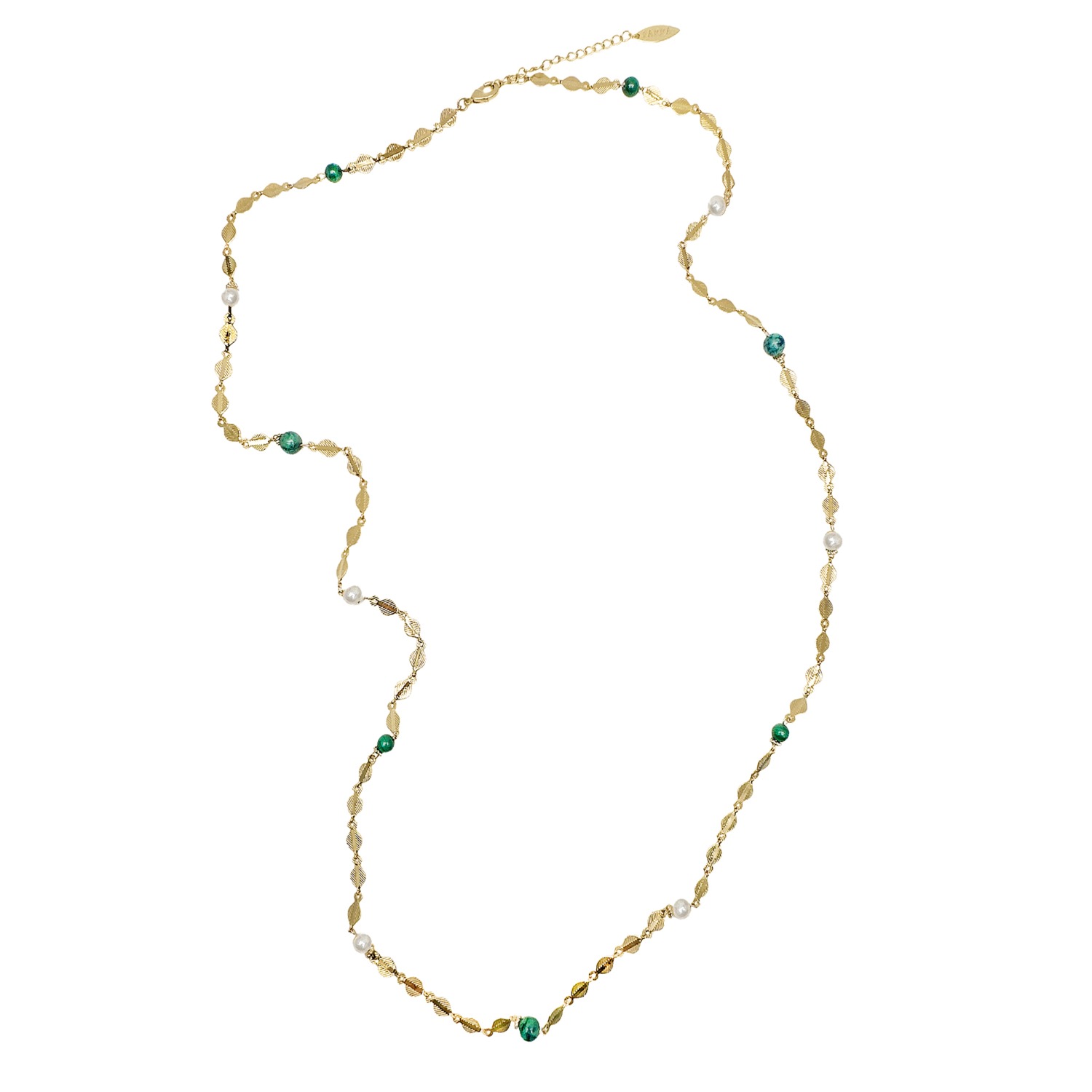 Gold Chain With Green Gemstones And White Pearls Long Necklace | Farra ...
