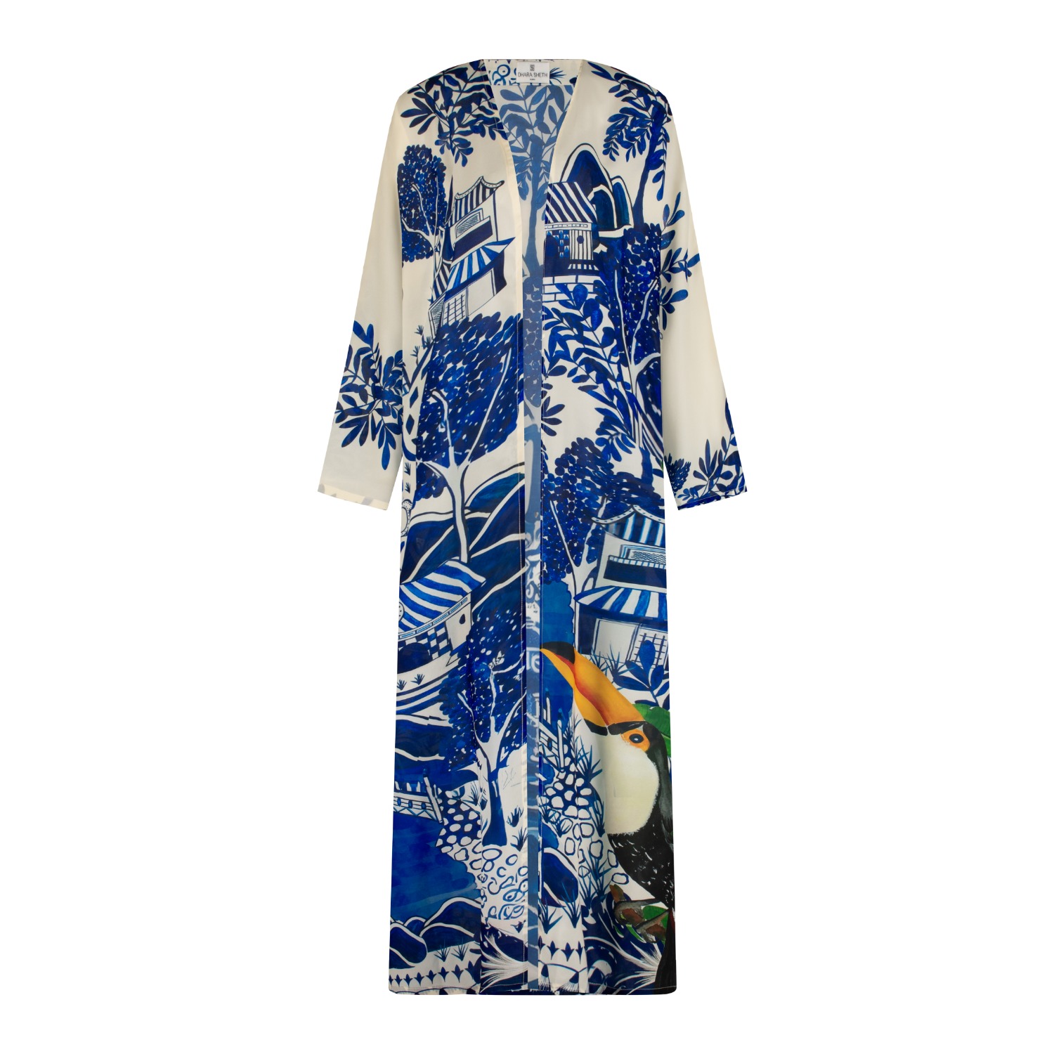 Harmony Bird Print Long Kimono Dress | DHARA SHETH DUBAI | Wolf & Badger