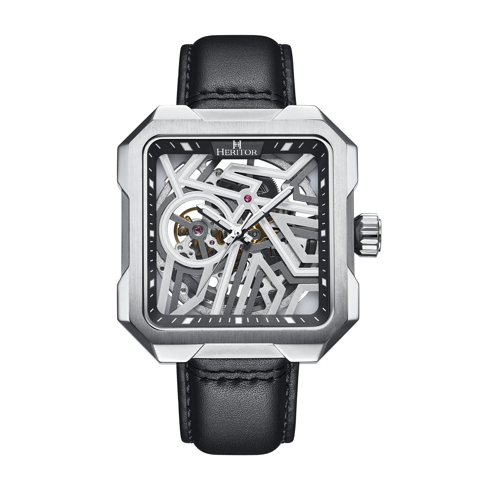 Campbell Leather-Band Skeleton Watch - Black, Silver | Heritor ...
