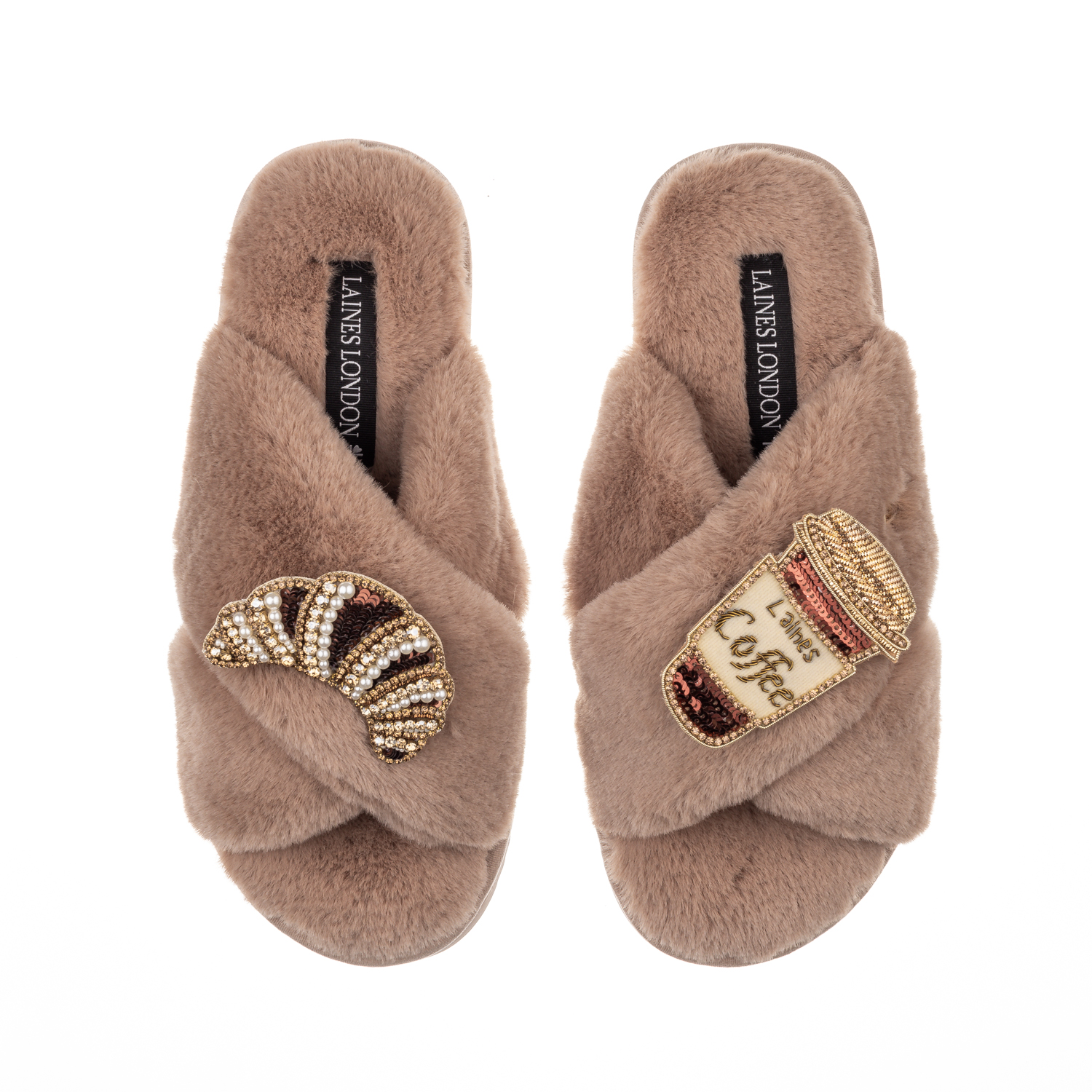 Classic Laines Slippers With Coffee Cup & Croissant Brooches - Toffee ...