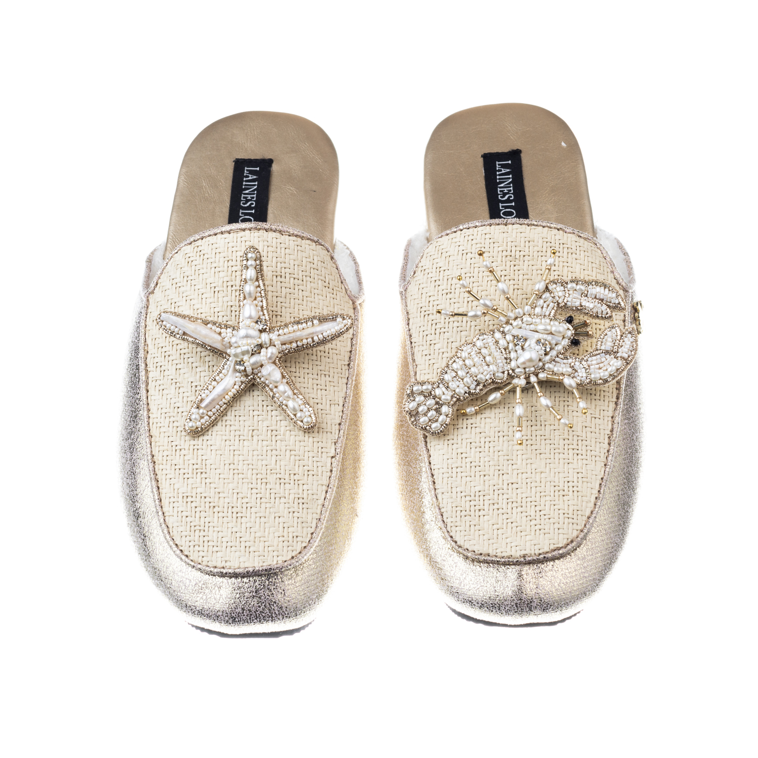 Classic Mules With Pearl Starfish & Lobster Brooches - Cream & Gold ...
