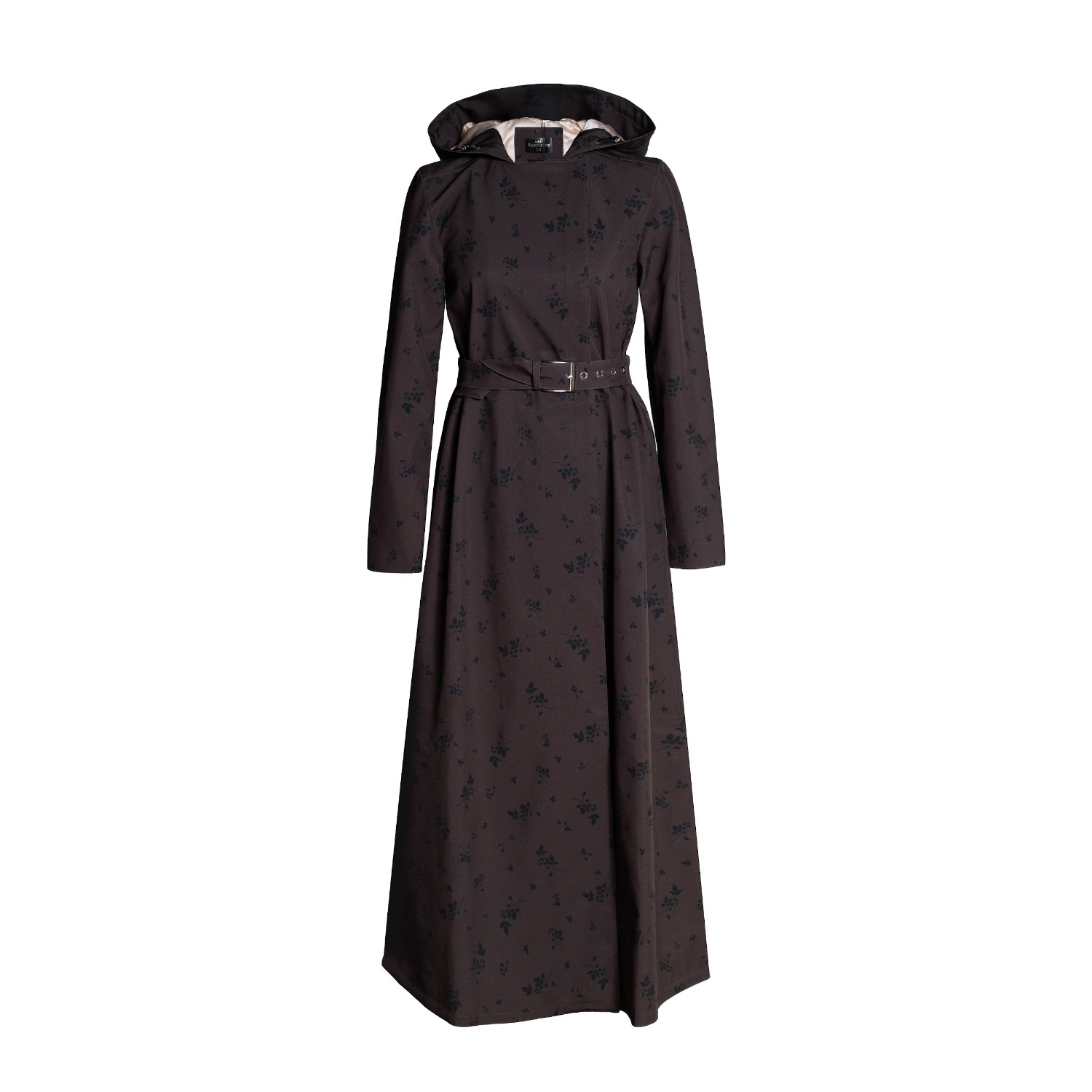Long Brown Coat In Trapeze Cut With Black Floral Print: Velvet Leaves ...