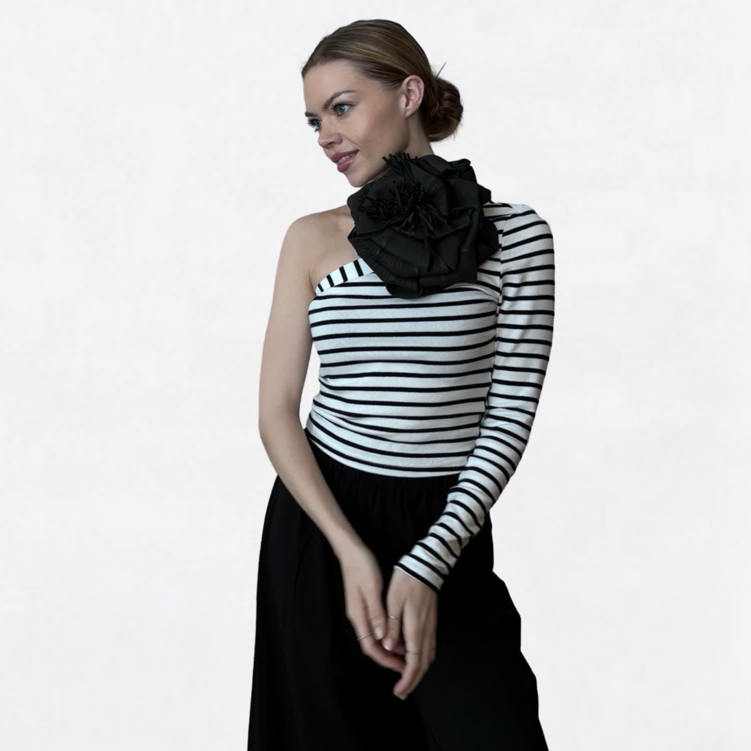 Striped One Sleeve Top With Black Flower Pin | London Striped One Sleeve Top With Black Flower Pin | London