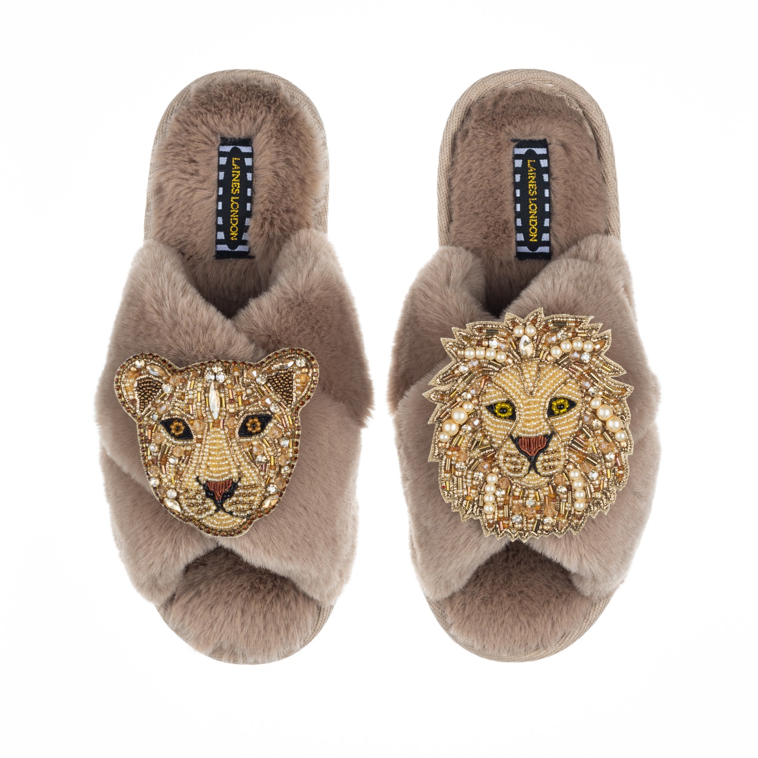 Classic Laines Slippers With Artisan Golden Lion & Lioness Brooches ...