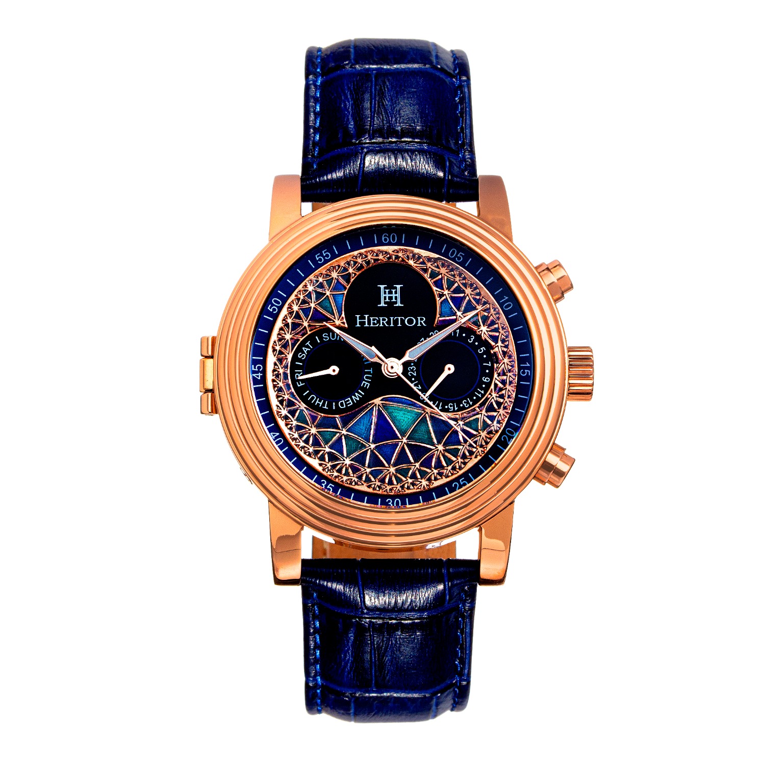Legacy Leather-Band Watch with Day and Date - Blue, Rose Gold | Heritor ...