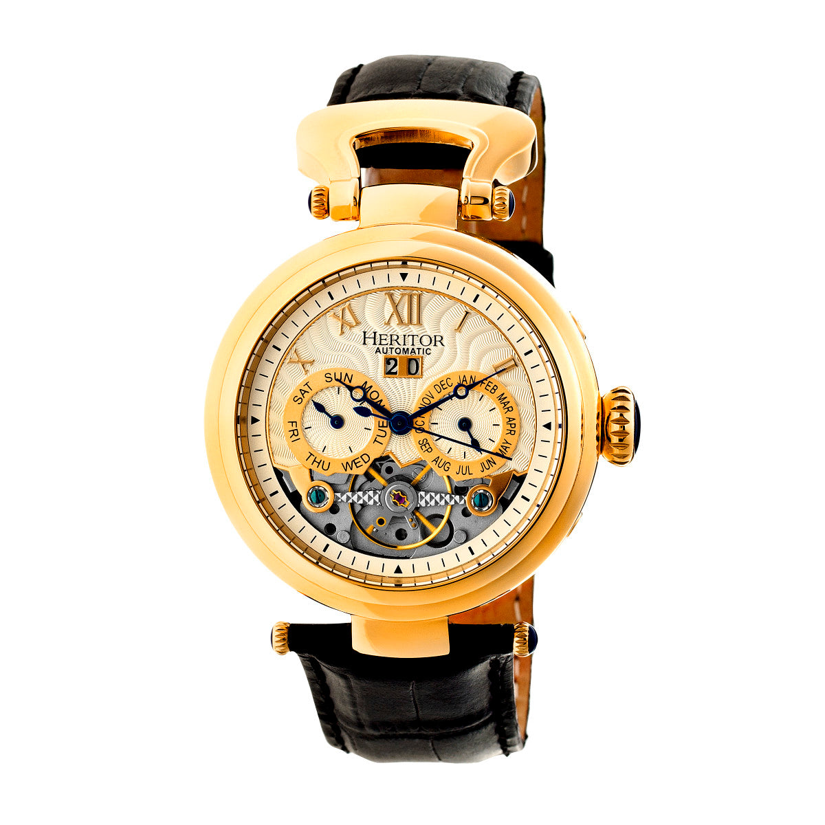 Ganzi Semi-Skeleton Leather-Band Watch with Day and Date - Gold, Silver ...