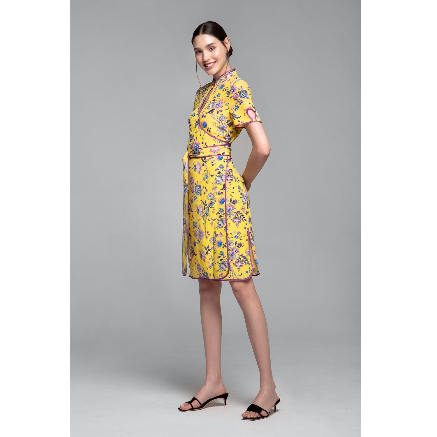 Akiko Kimono-Style Silk Wrap Dress With Oriental Print In Yellow ...