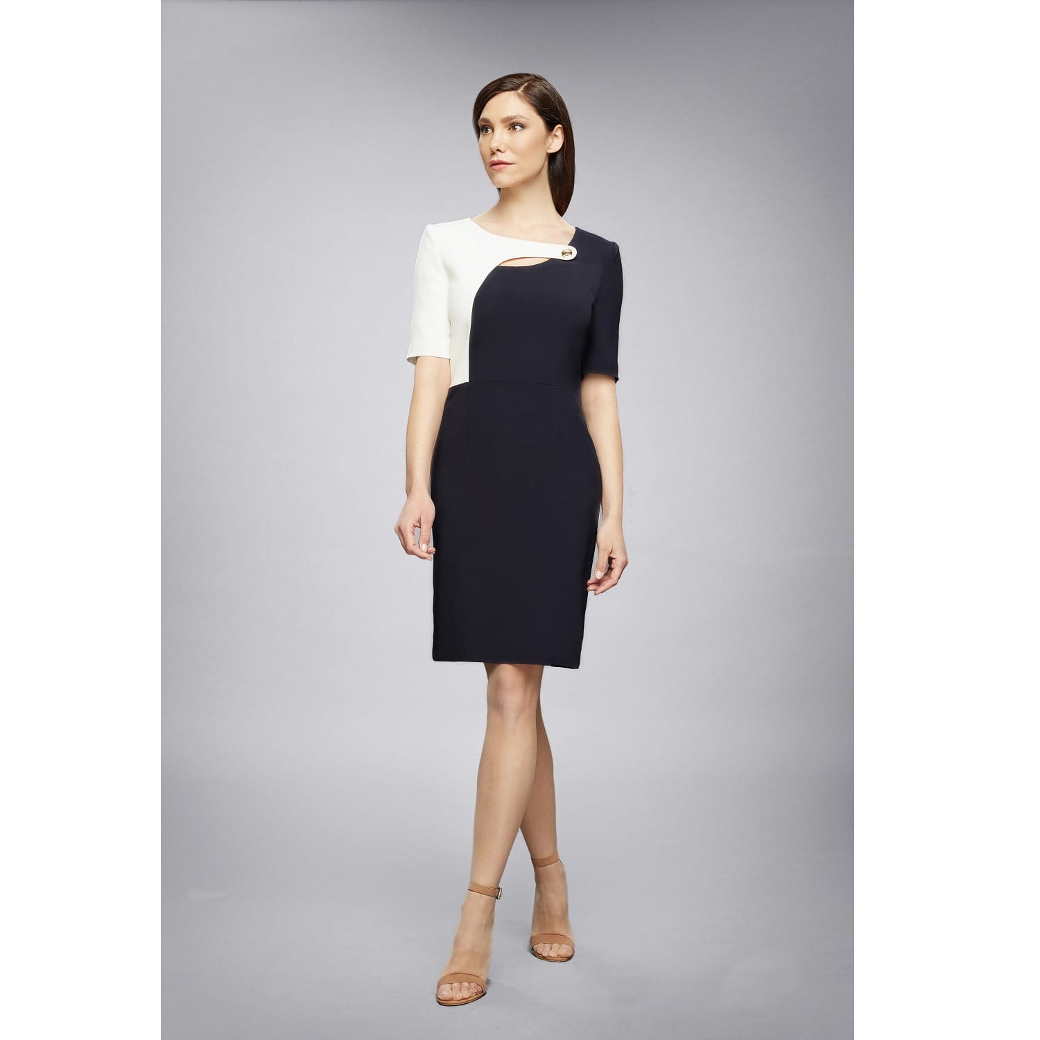 Francesca Midnight Blue Dress With Keyhole Tab Neckline And Cream Silk ...