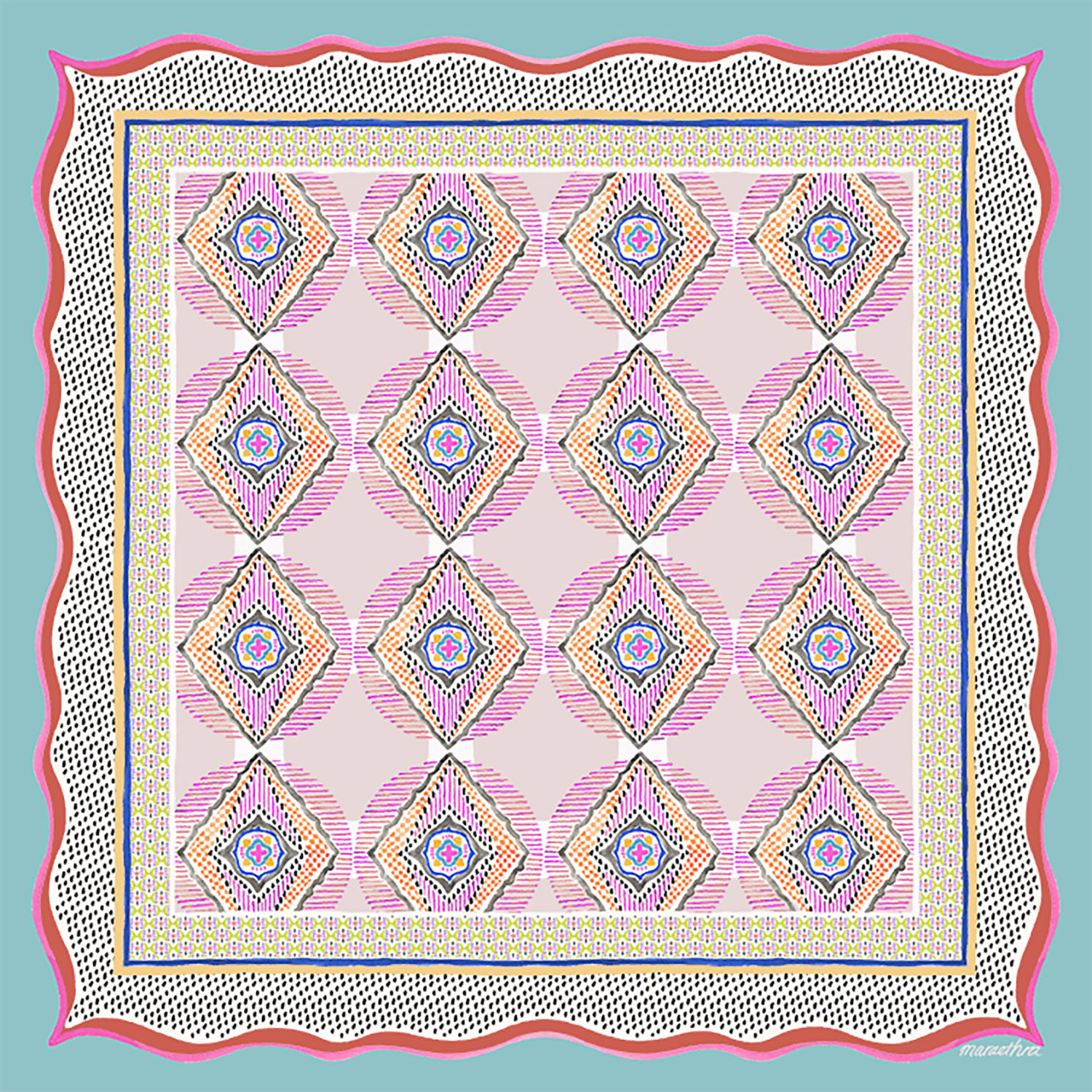 Wavy Border Silk Square Scarf | Maraethra | Wolf & Badger