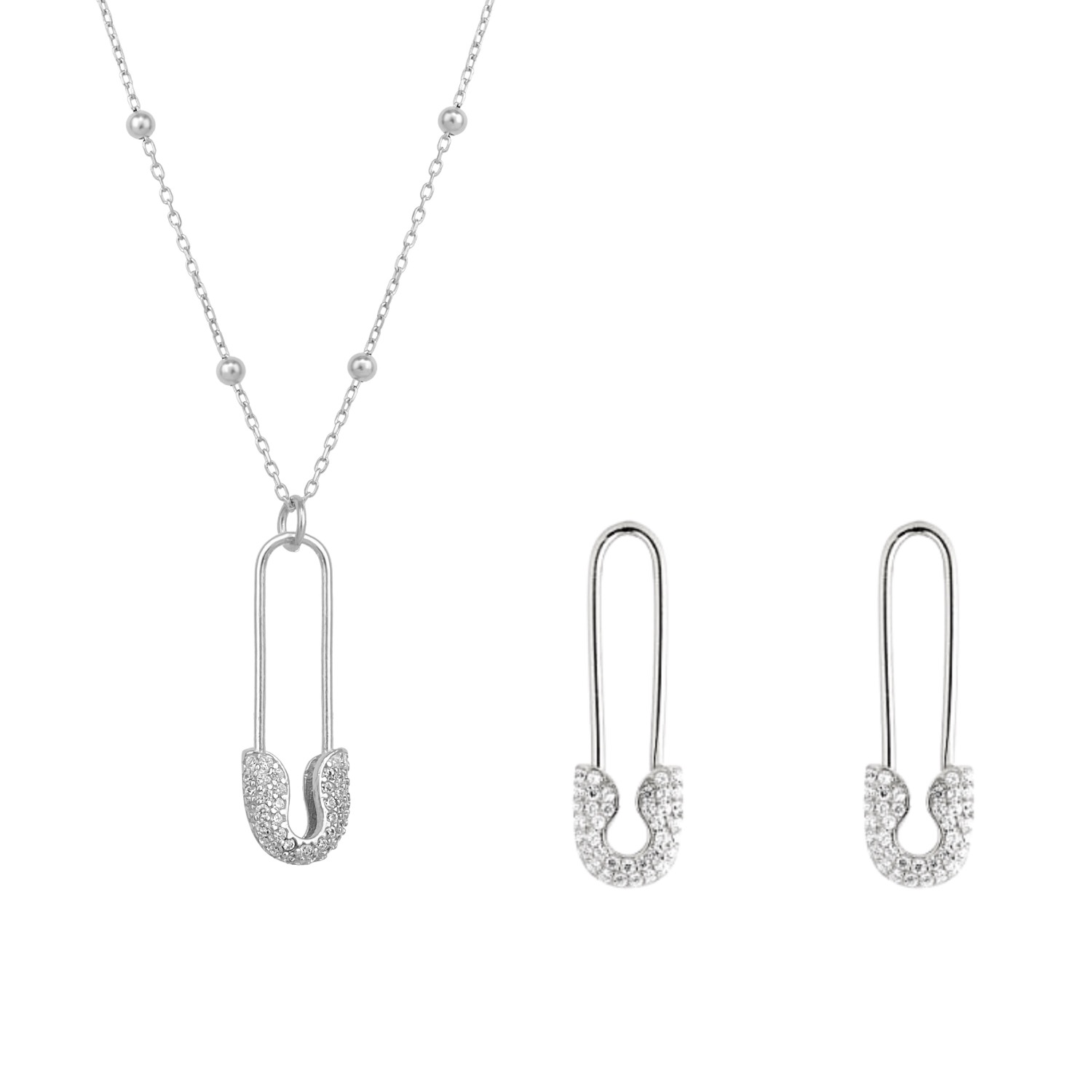 Sterling Silver Jewelled Safety Pin Necklace With Beaded Chain Earring Set Silver Spero London Wolf Badger