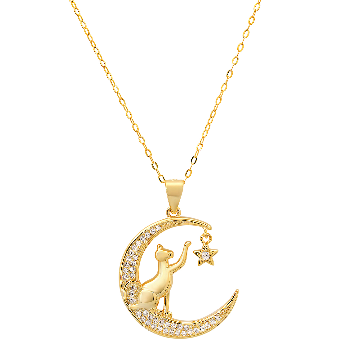 Gold Playful Kitty Cat Diamond Cz Moon Pendant Necklace | Kylie Harper ...