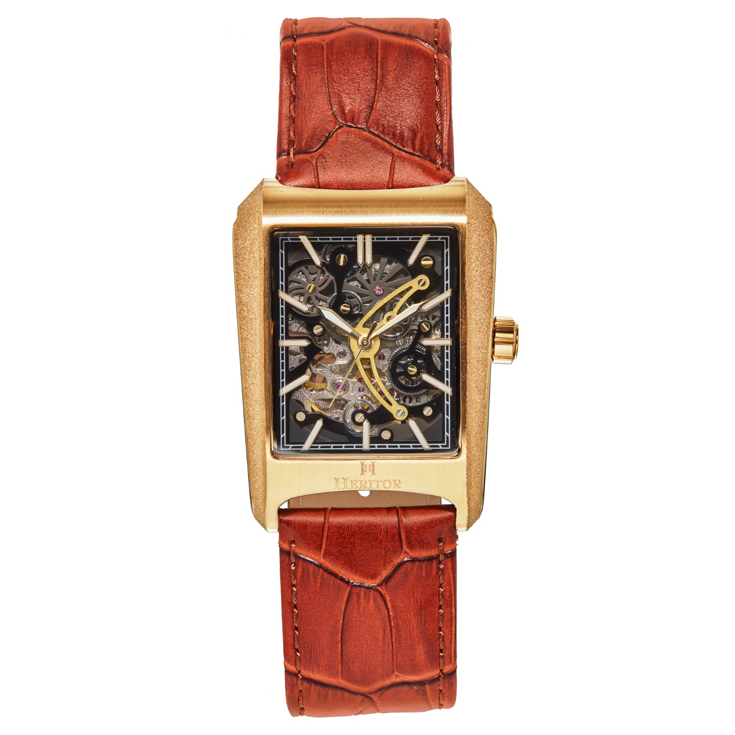 Wyatt Leather-Band Skeleton Watch - Brown, Gold | Heritor Automatic ...