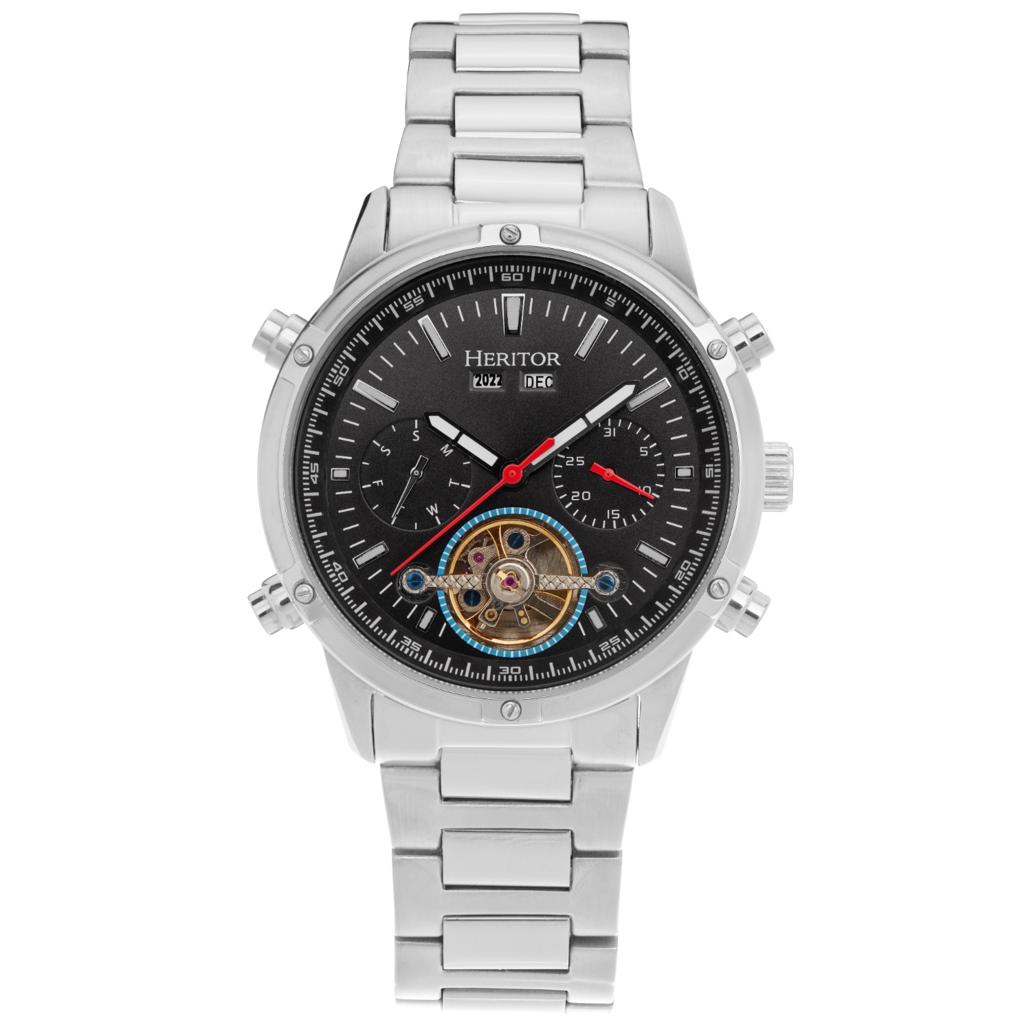 Wilhelm Semi-Skeleton Bracelet Watch with Day and Date - Black, Silver ...