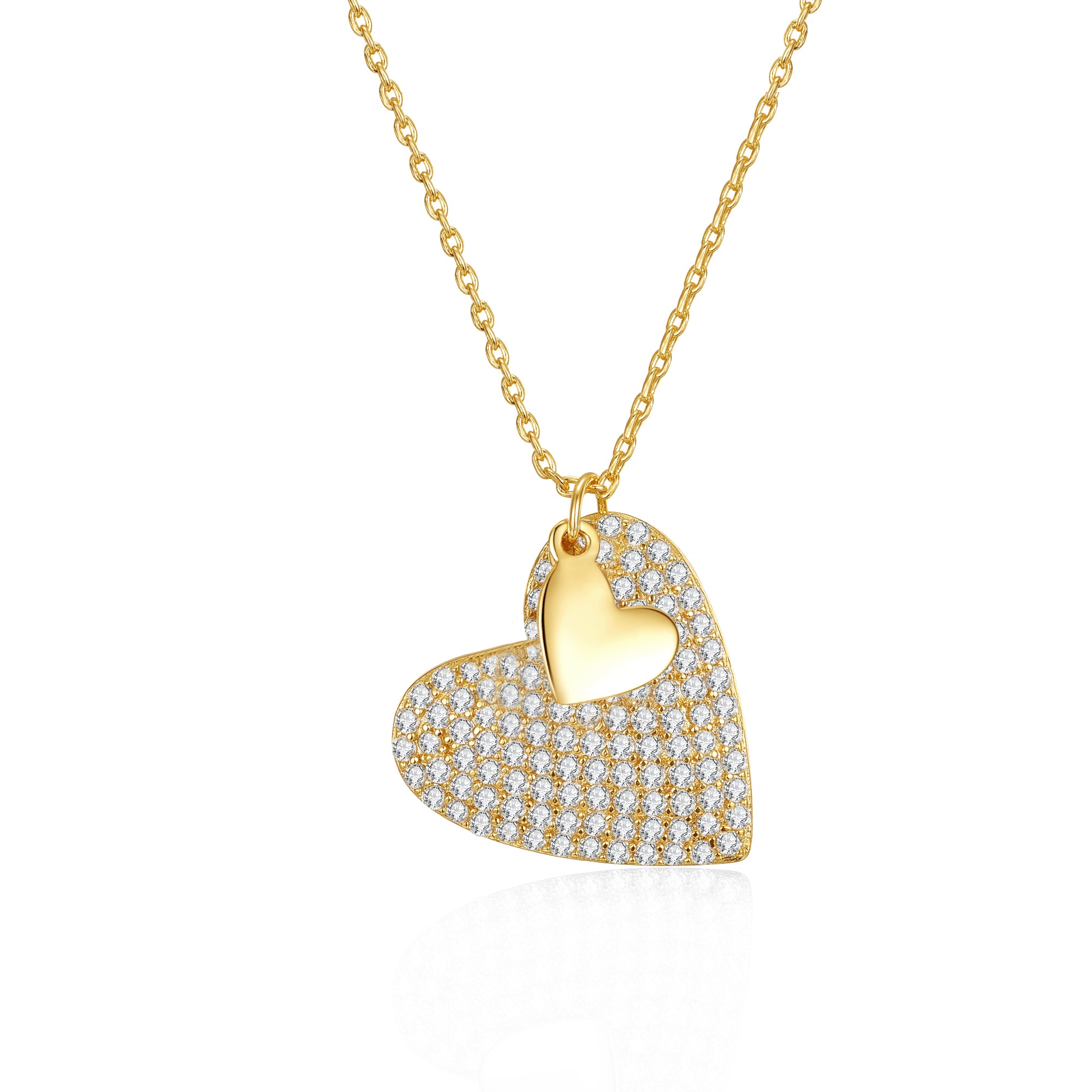 Sterling Silver Yellow Gold Plated With Diamond Cubic Zirconia Pave Double Dangle Heart Charm Pendant Layering Necklace Genevive Jewelry Wolf Badger