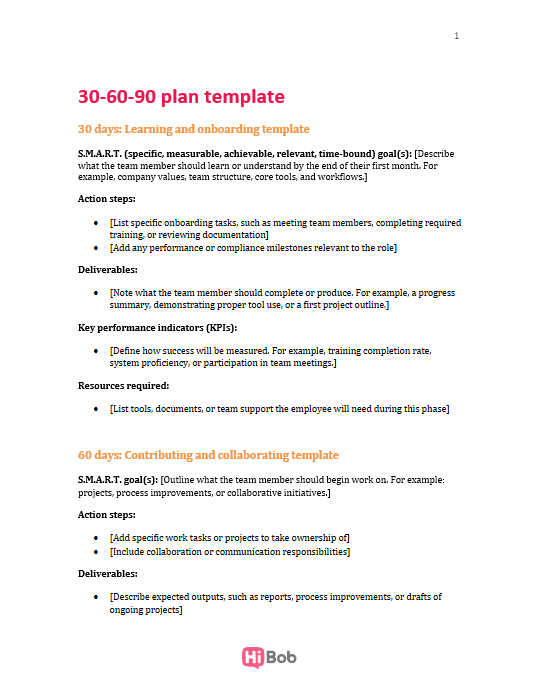 Complete 30-60-90 plan template for new joiners | HiBob