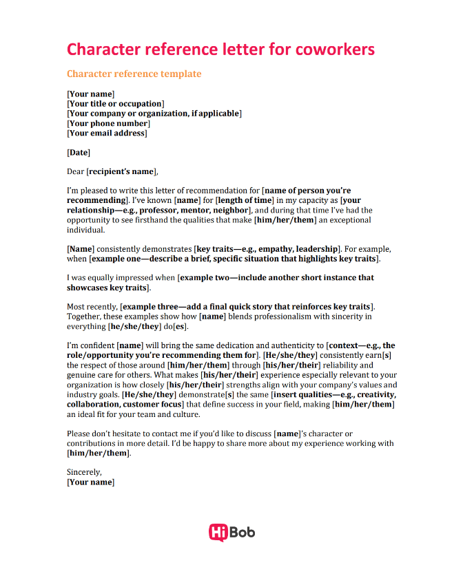Character reference letter for coworkers: samples & templates | HiBob