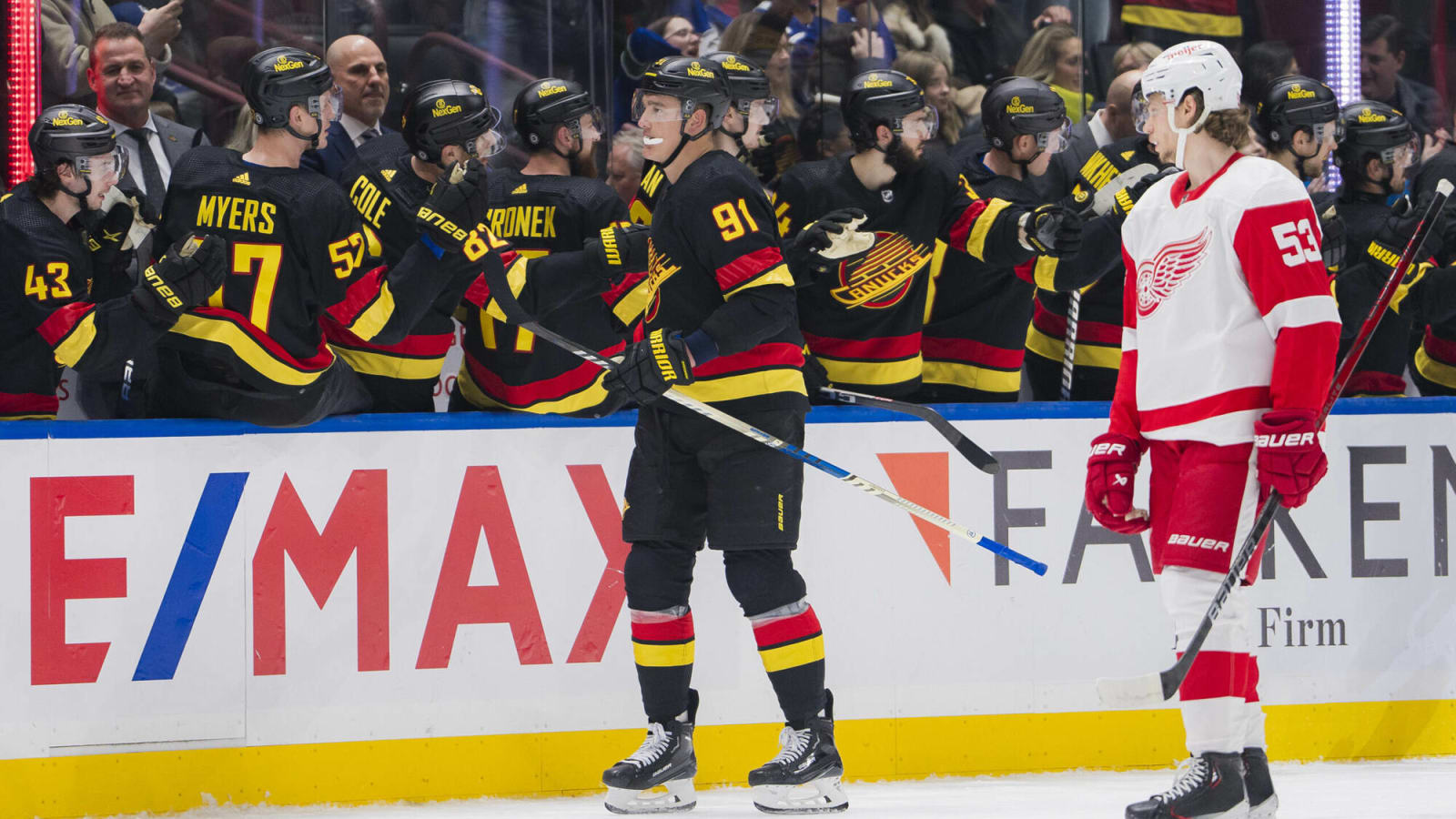 Nikita Zadorov hits the griddy on Jake Walman as Canucks beat Red Wings ...