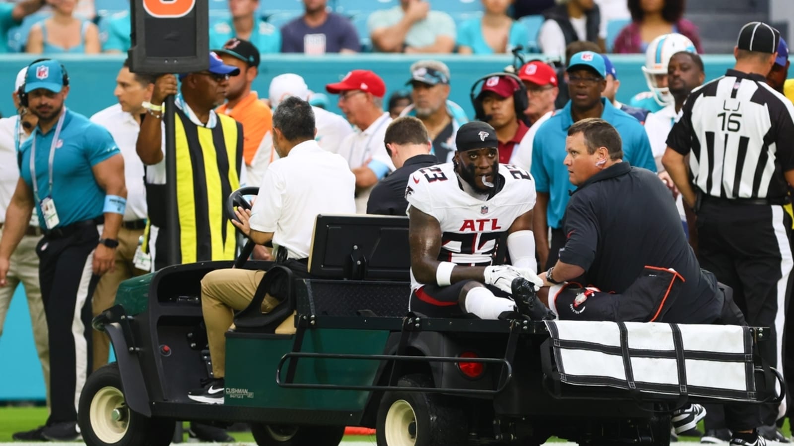 Falcons await news after S DeMarcco Hellams, LB Bralen Trice carted off ...