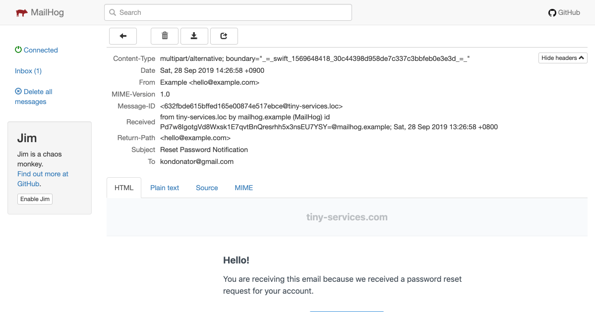メールの送受信の確認でMailHogを使うようにインストール・設定する。
