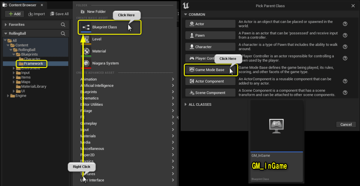 GameModeを設定し、DefaultPawnクラスを変更する