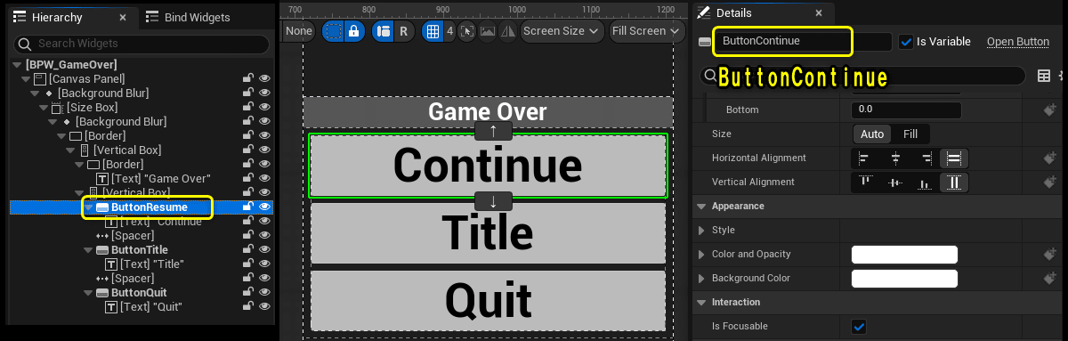 GameOver画面のUIを作成する（Visual Designer）