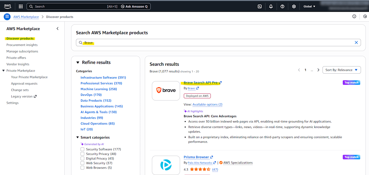 AWS で Web 検索！Marketplace から Brave API を使う