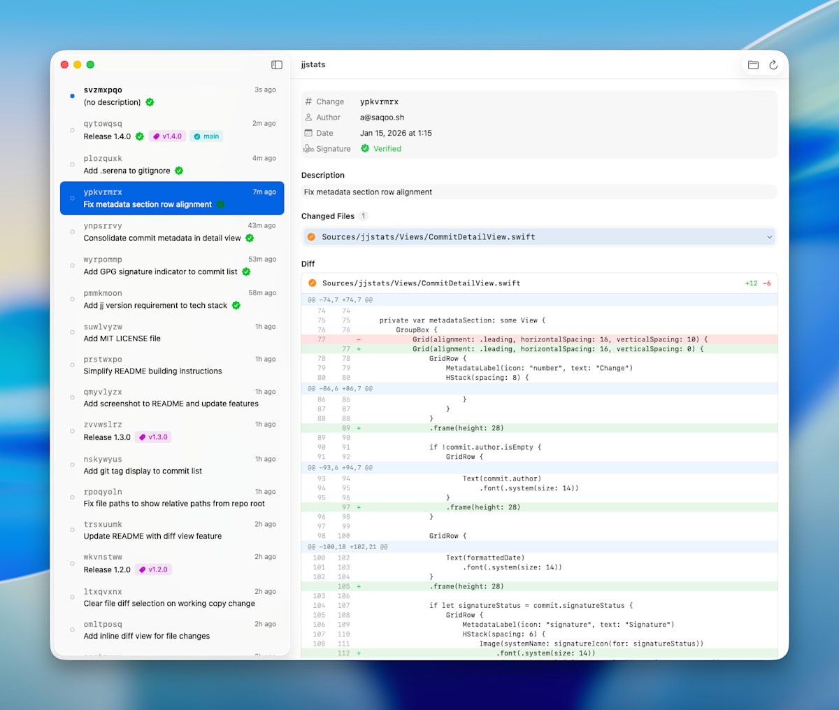jjstats: Jujutsu リポジトリの履歴を可視化する macOS アプリを作った