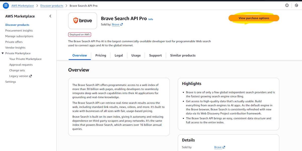 AWS で Web 検索！Marketplace から Brave API を使う